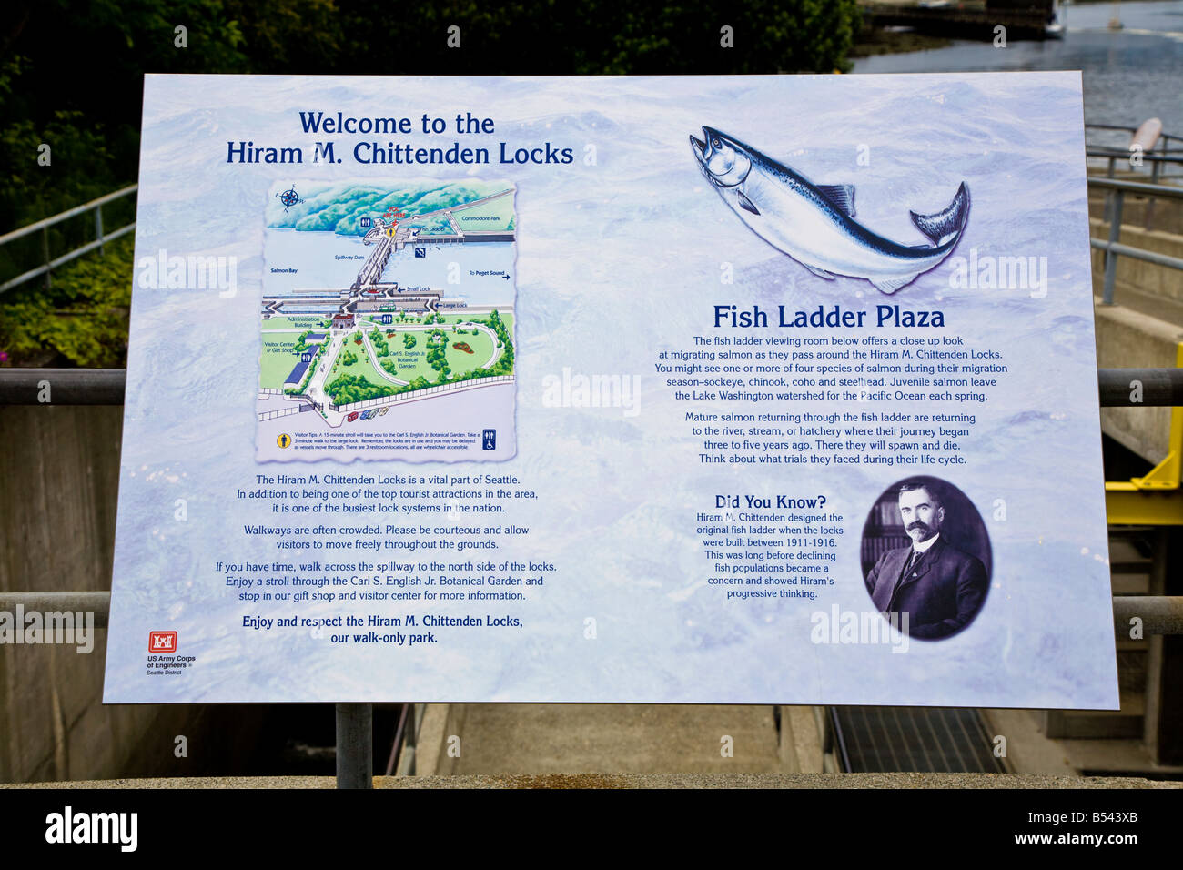 Welcome sign at Hiran M. Chittenden Locks, or Ballard Locks, in Salmon ...