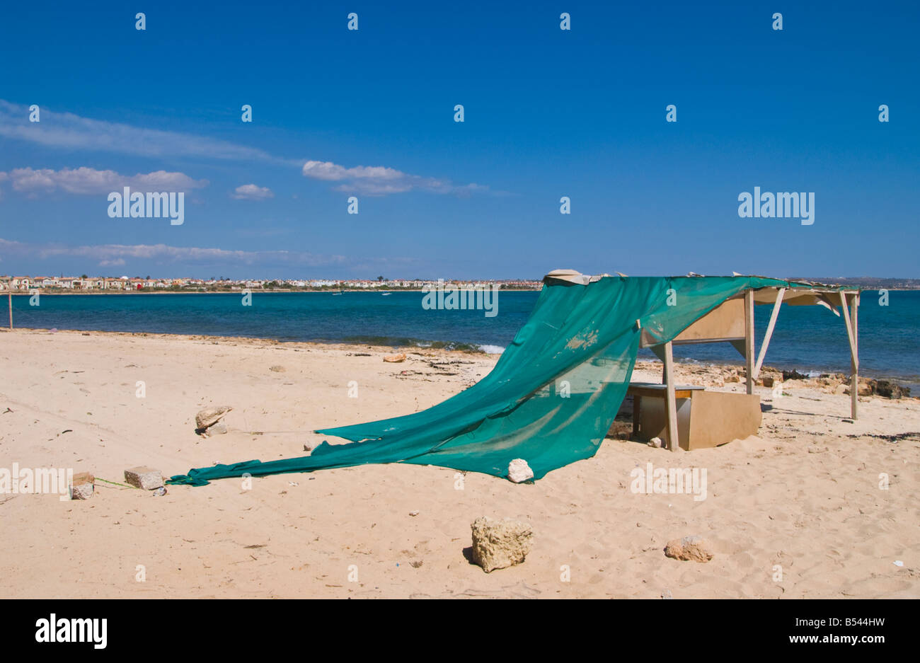 Local Cypriot shade shacks on the beach near Ayia Napa on the ...