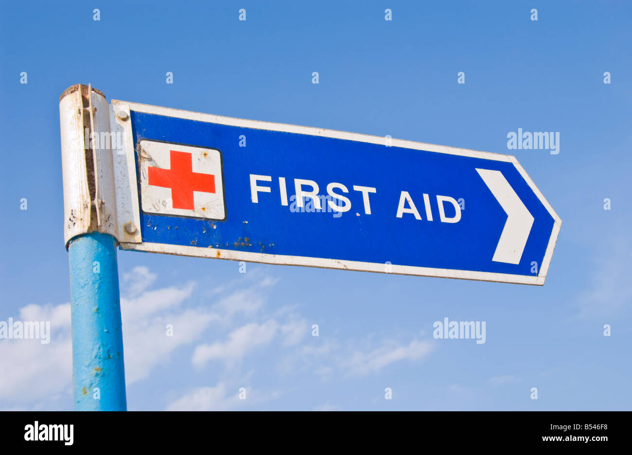 FIRST AID sign on beach near Ayia Napa on the Mediterranean island of ...