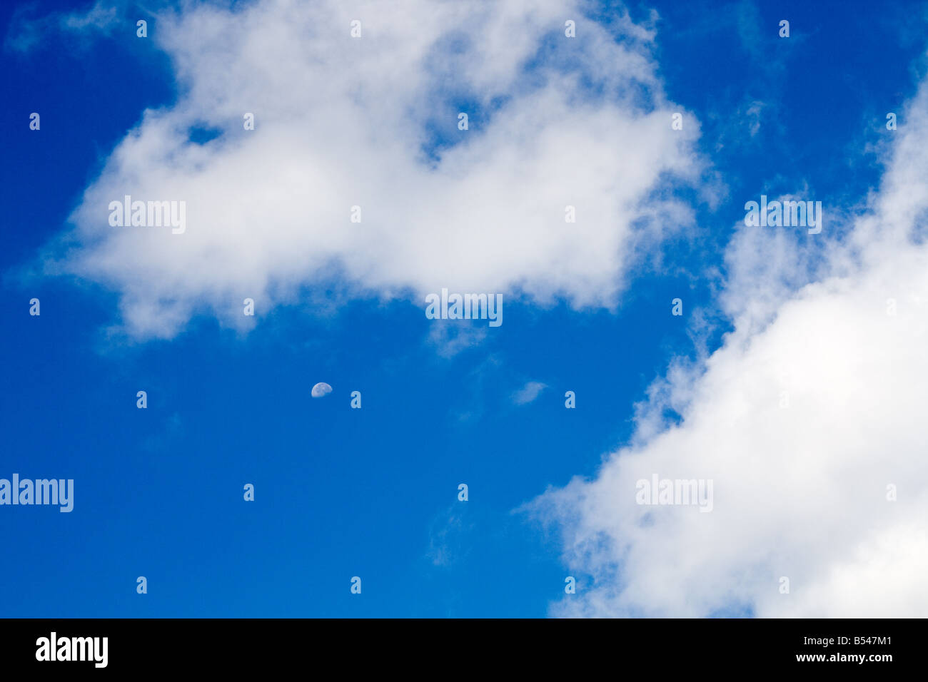Faint half moon in a bright blue sky with white clouds Stock Photo - Alamy