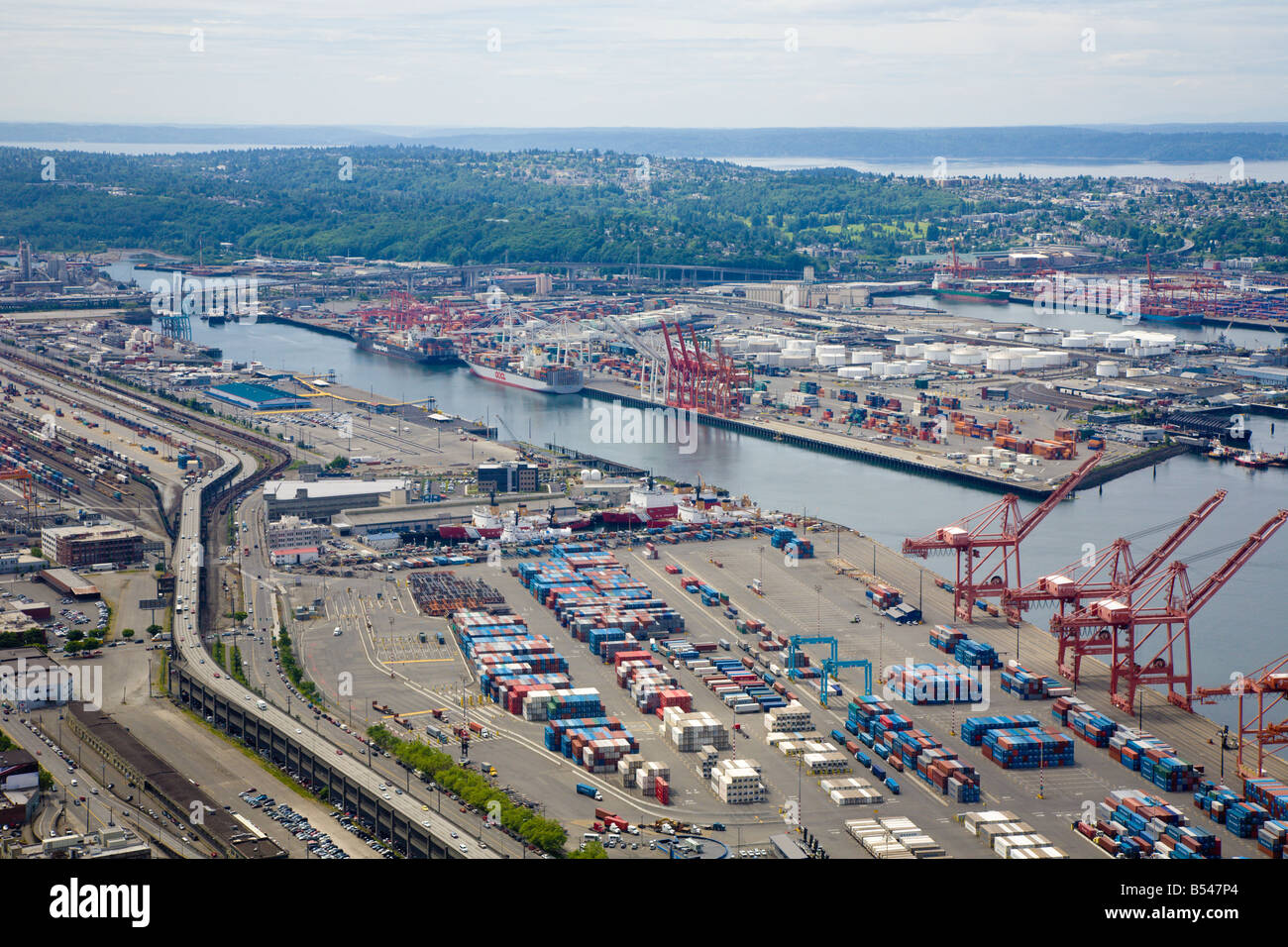 Aerial view of shipping terminals on south side of Seattle, Washington ...