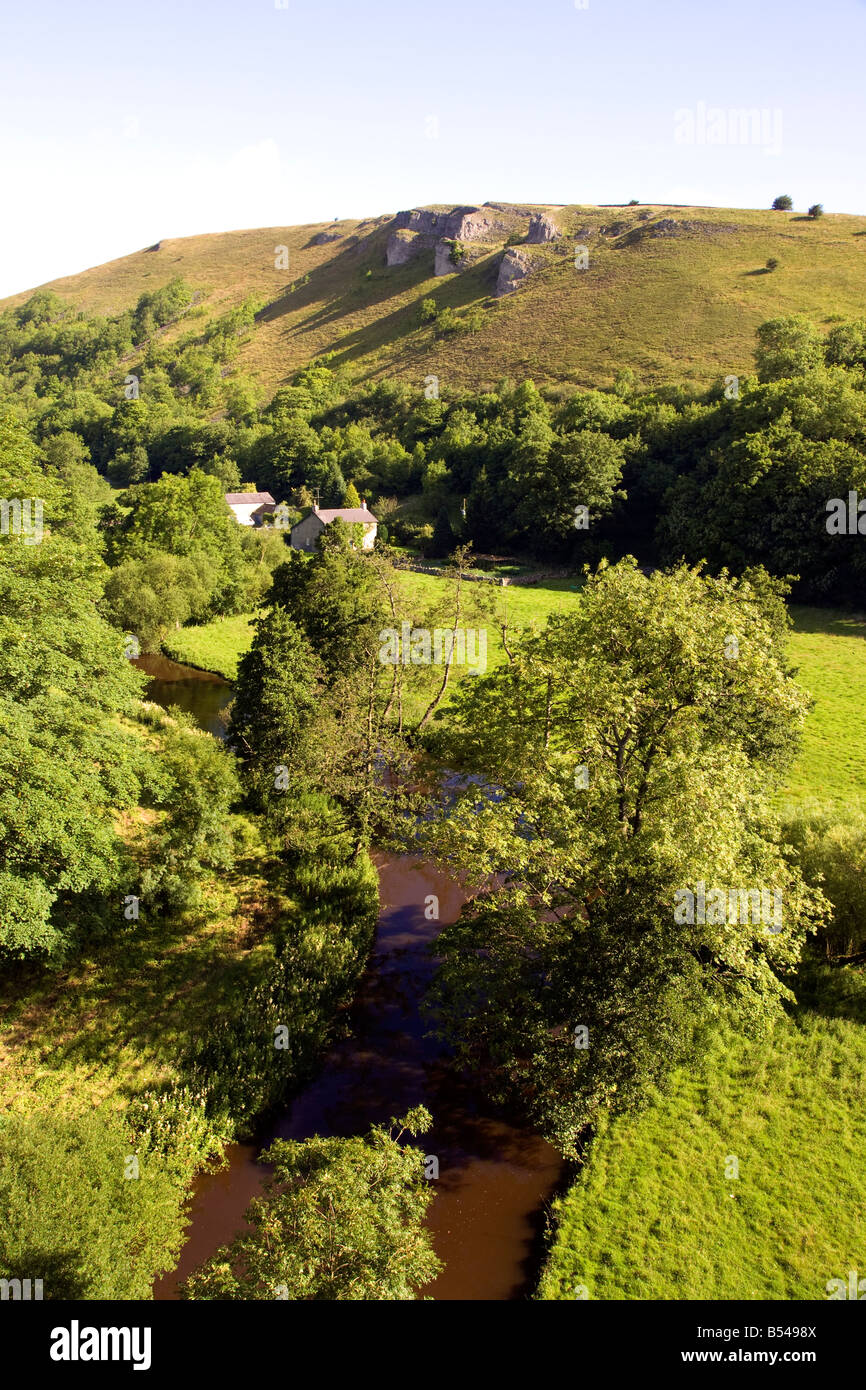view of monsal dale valley from the viaduct with river wye in the ...