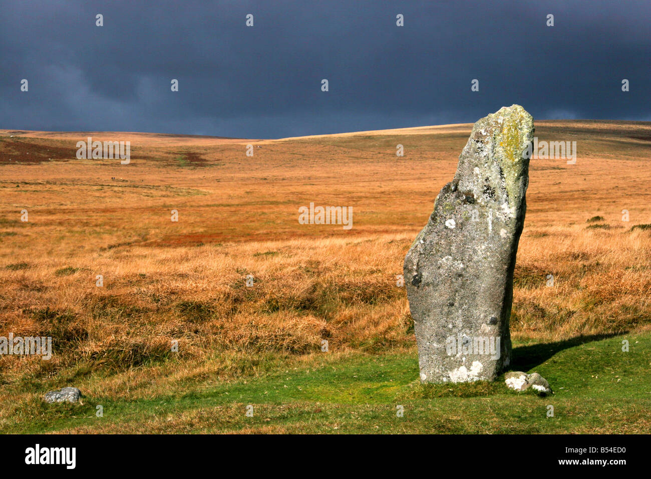 Standing stone at Scorhill stone circle Dartmoor Devon England Stock ...