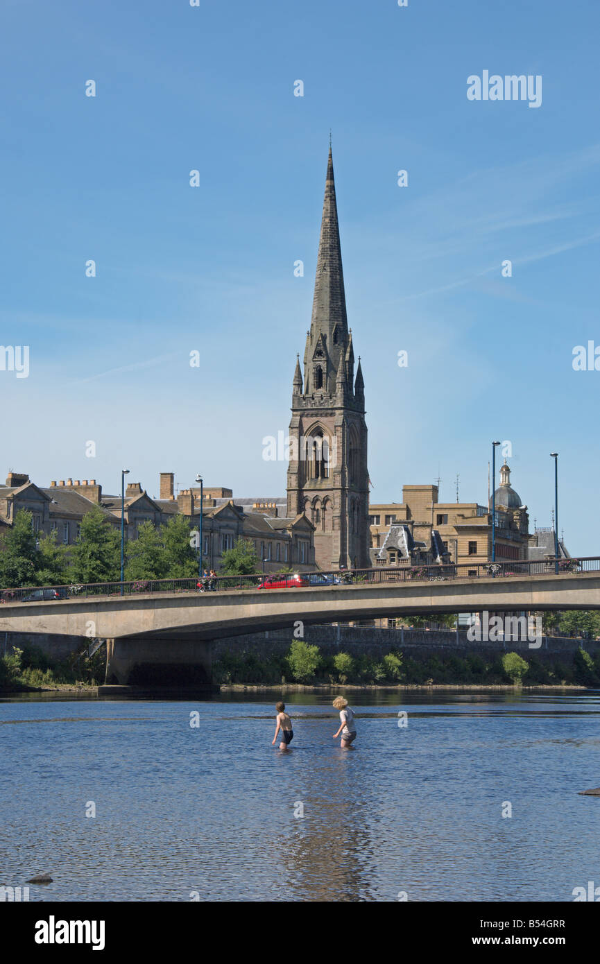 River Tay looking east Perth city centre Perthshire Scotland July 2008 ...