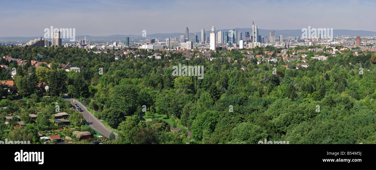 The Frankfurt Skyline and city forest with suburbs in foreground Stock ...