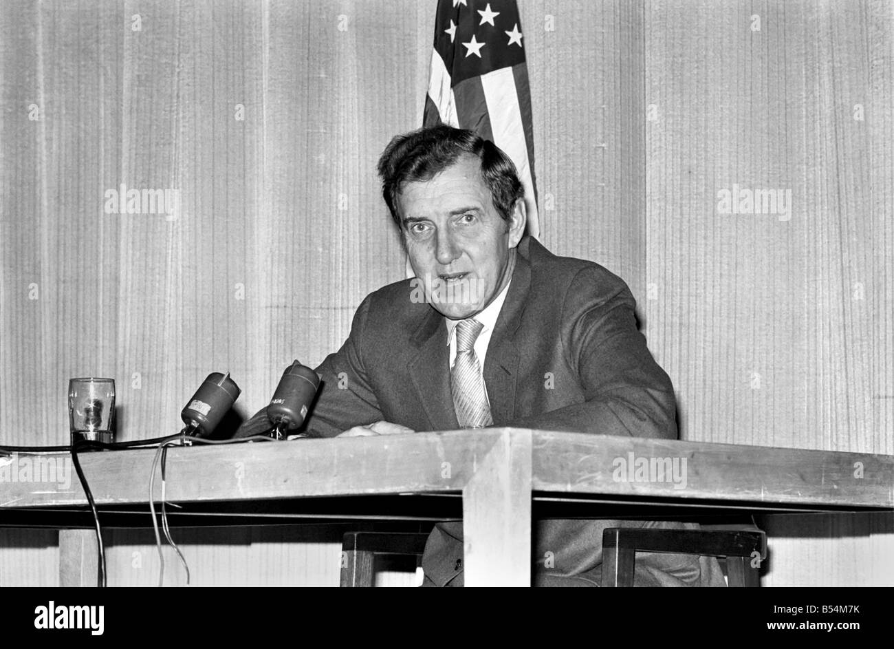 Senator Edmund Muskie answers questions at his London press conference ...