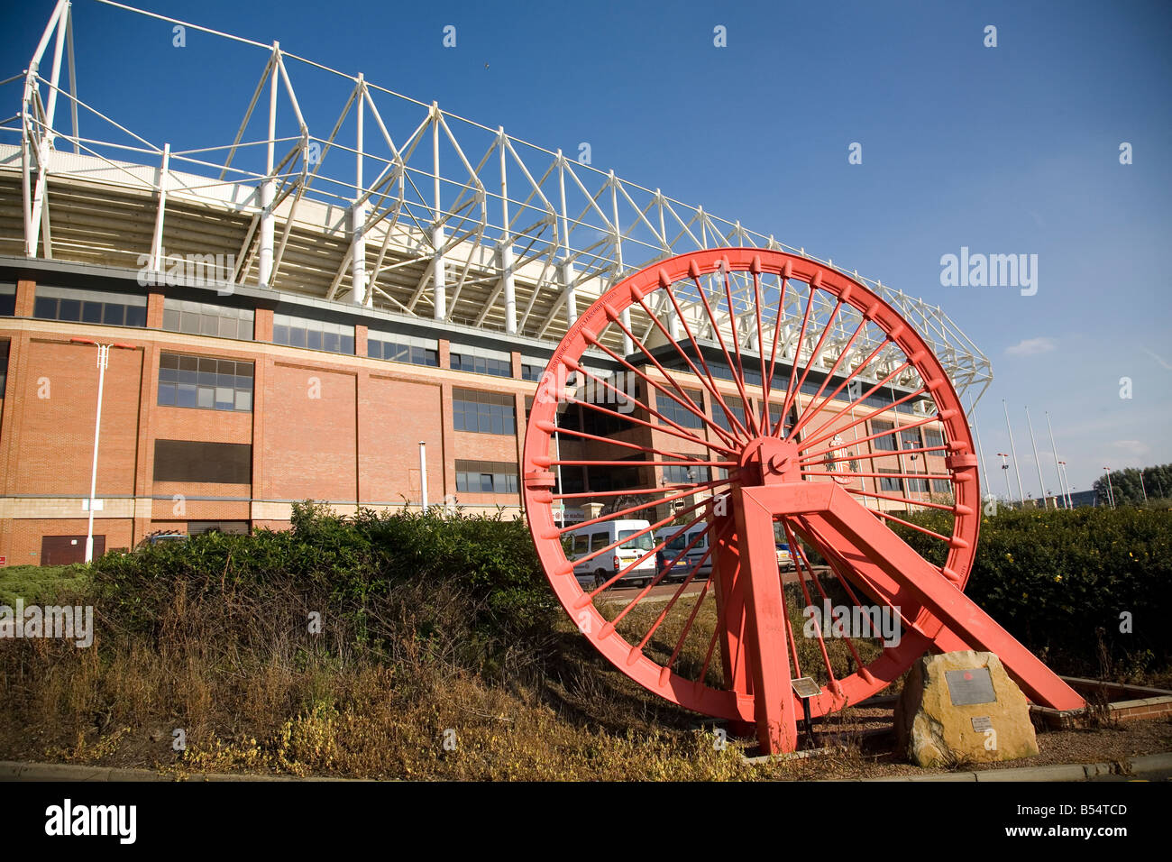 A symbolic red pit head wheel stands on the site of the former ...