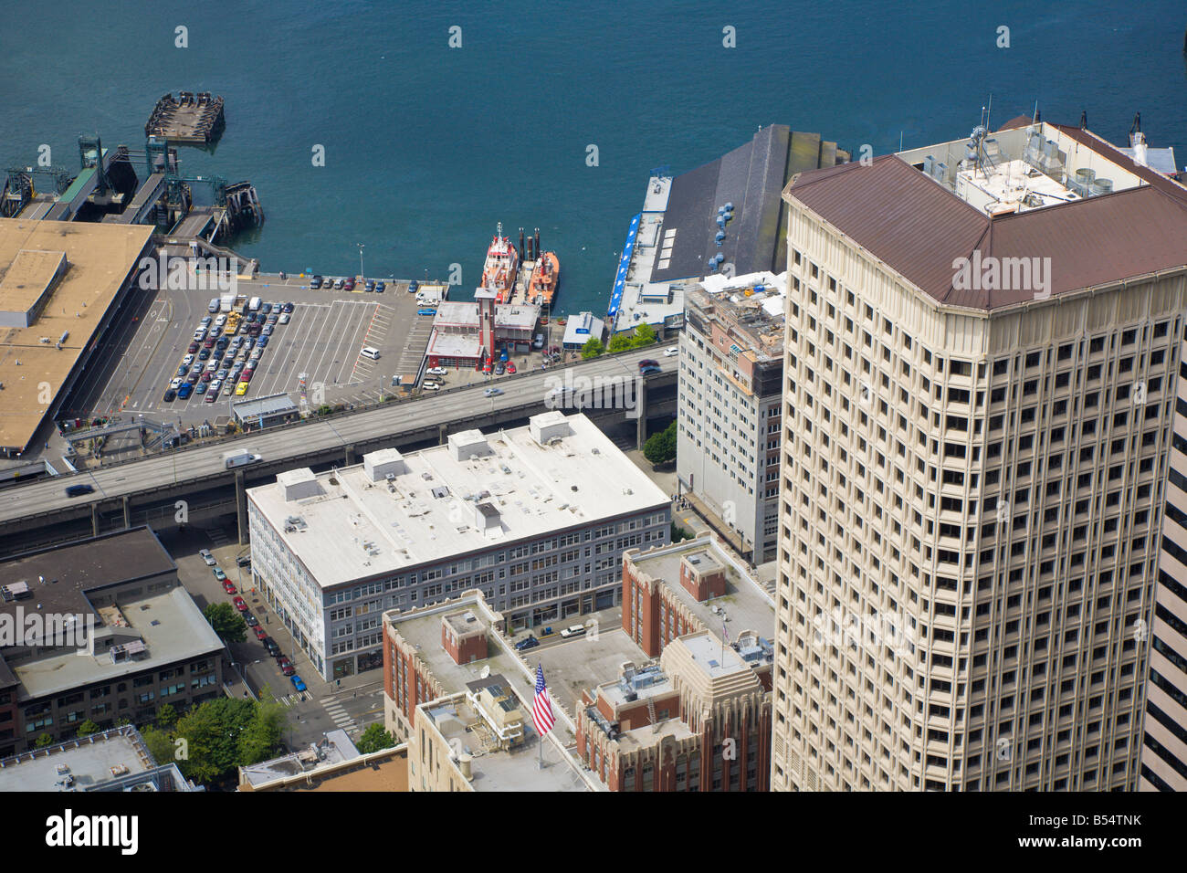 Aerial view of ferry terminal along waterfront of Seattle, Washington ...