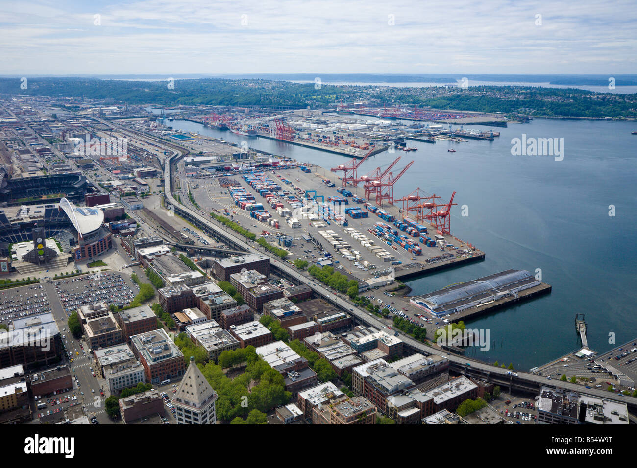 Aerial view of shipping terminals on south side of Seattle, Washington ...