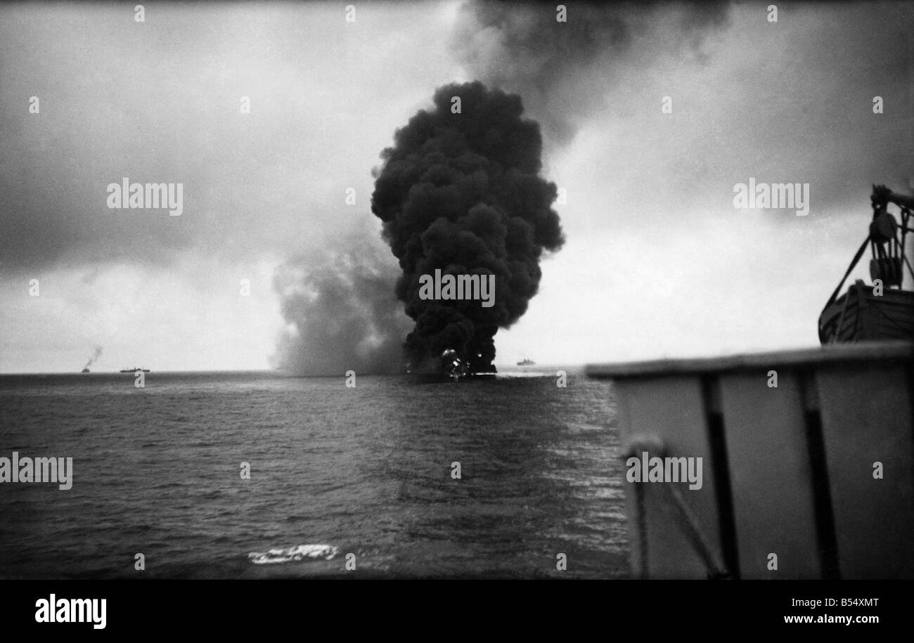 World War II: Shipping A Oil tanker a blaze after being torpedoed by a ...