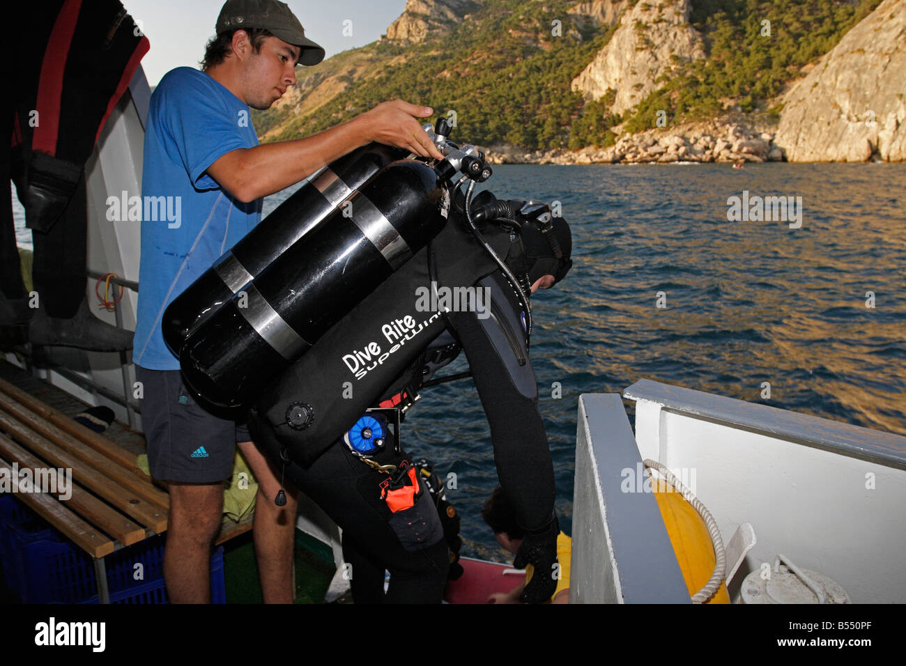 russian scuba diver on a diving boat Stock Photo - Alamy