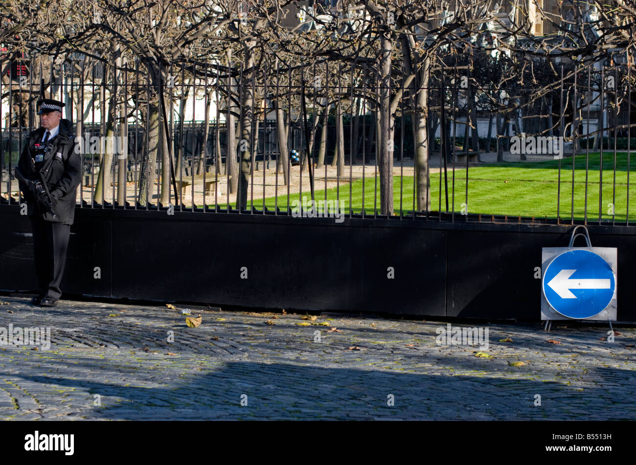 Armed policeman standing guard in the grounds of the Houses of ...