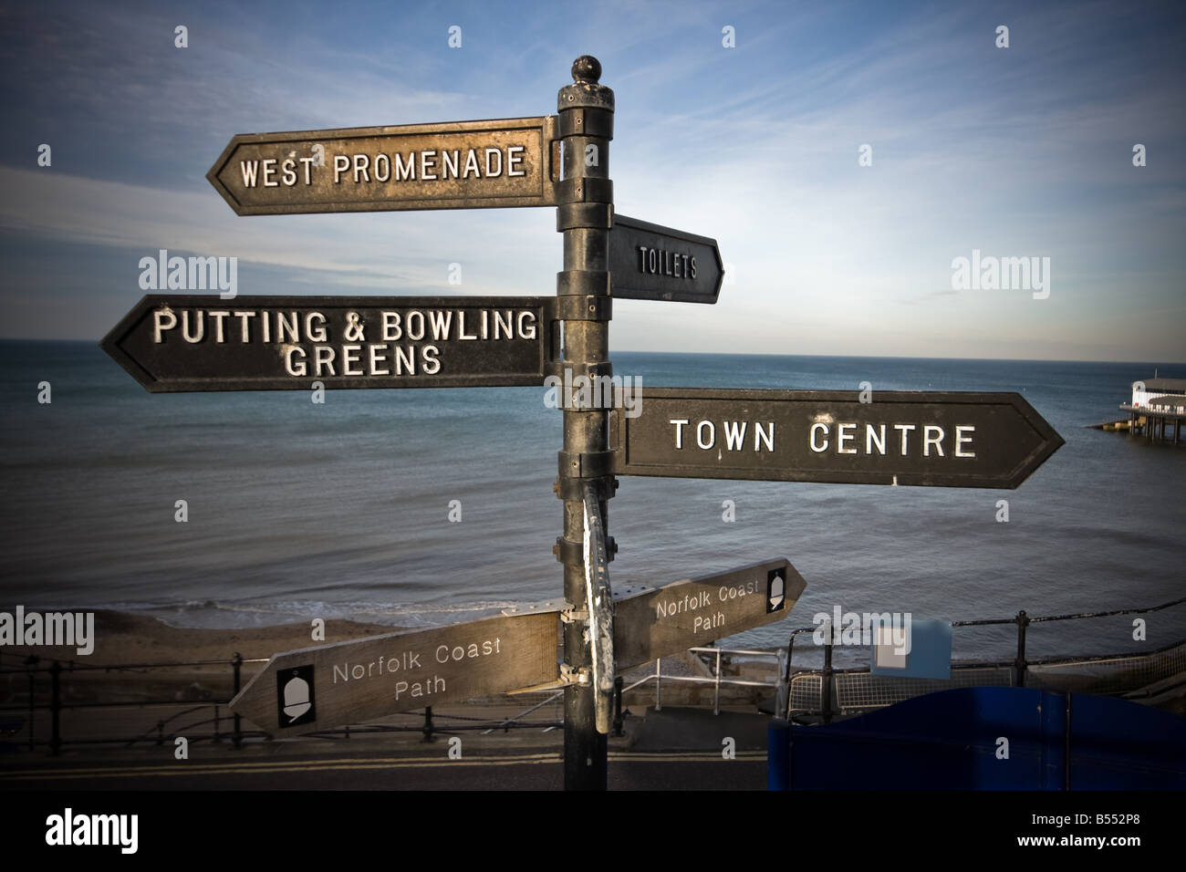 Traditional signposts on Cromer Beach, a iconic British town Stock ...