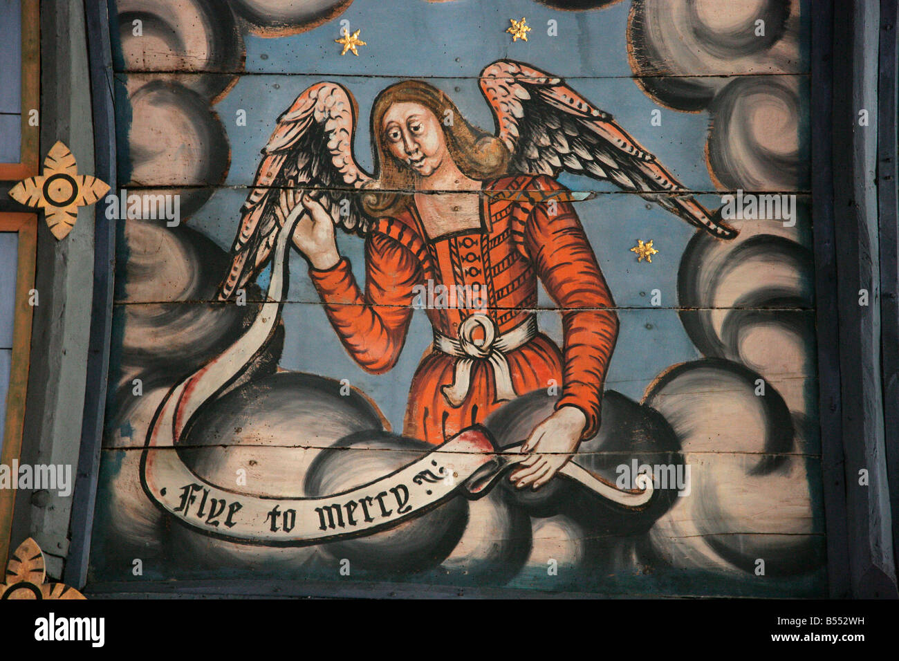 Jacobean painted ceiling showing clouds and an angel in St Peter and St ...