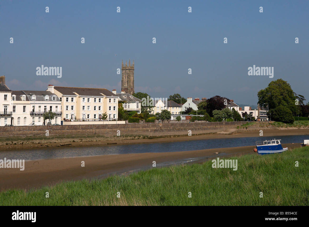 Barnstaple Taw river Taw Vale Street Trinity Church Devon UK Stock ...