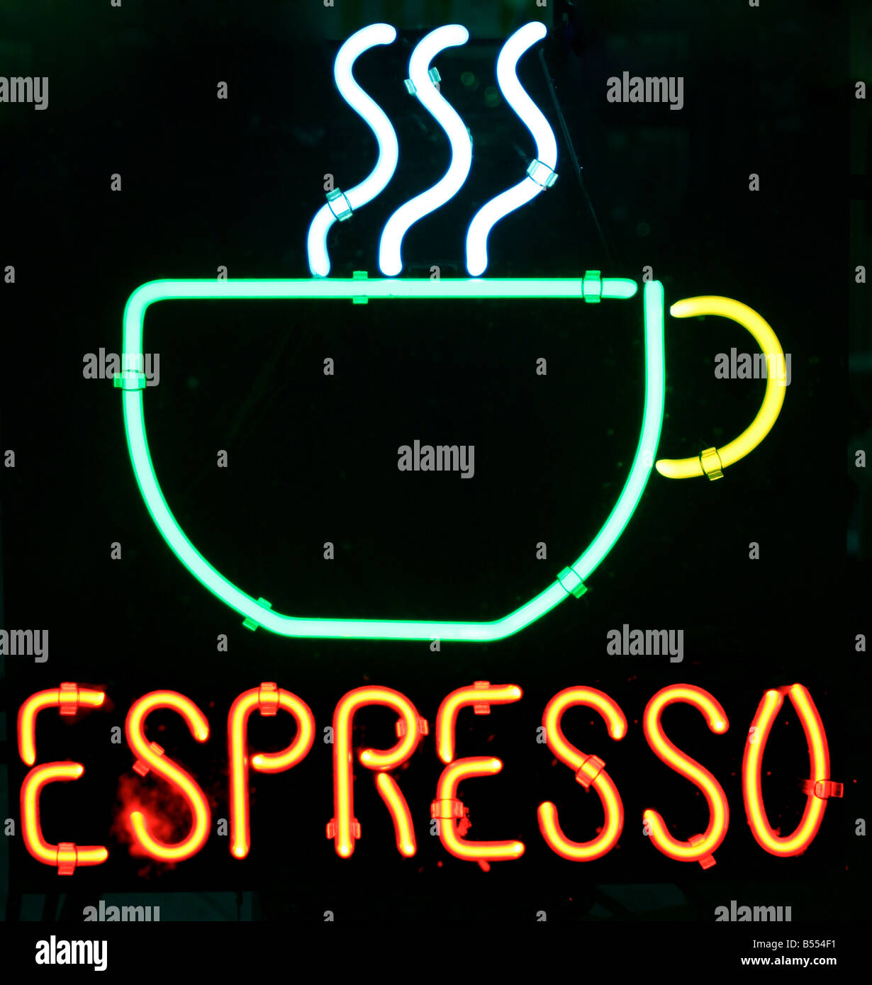 Neon sign spelling espresso and with a steaming cup of coffee Stock ...