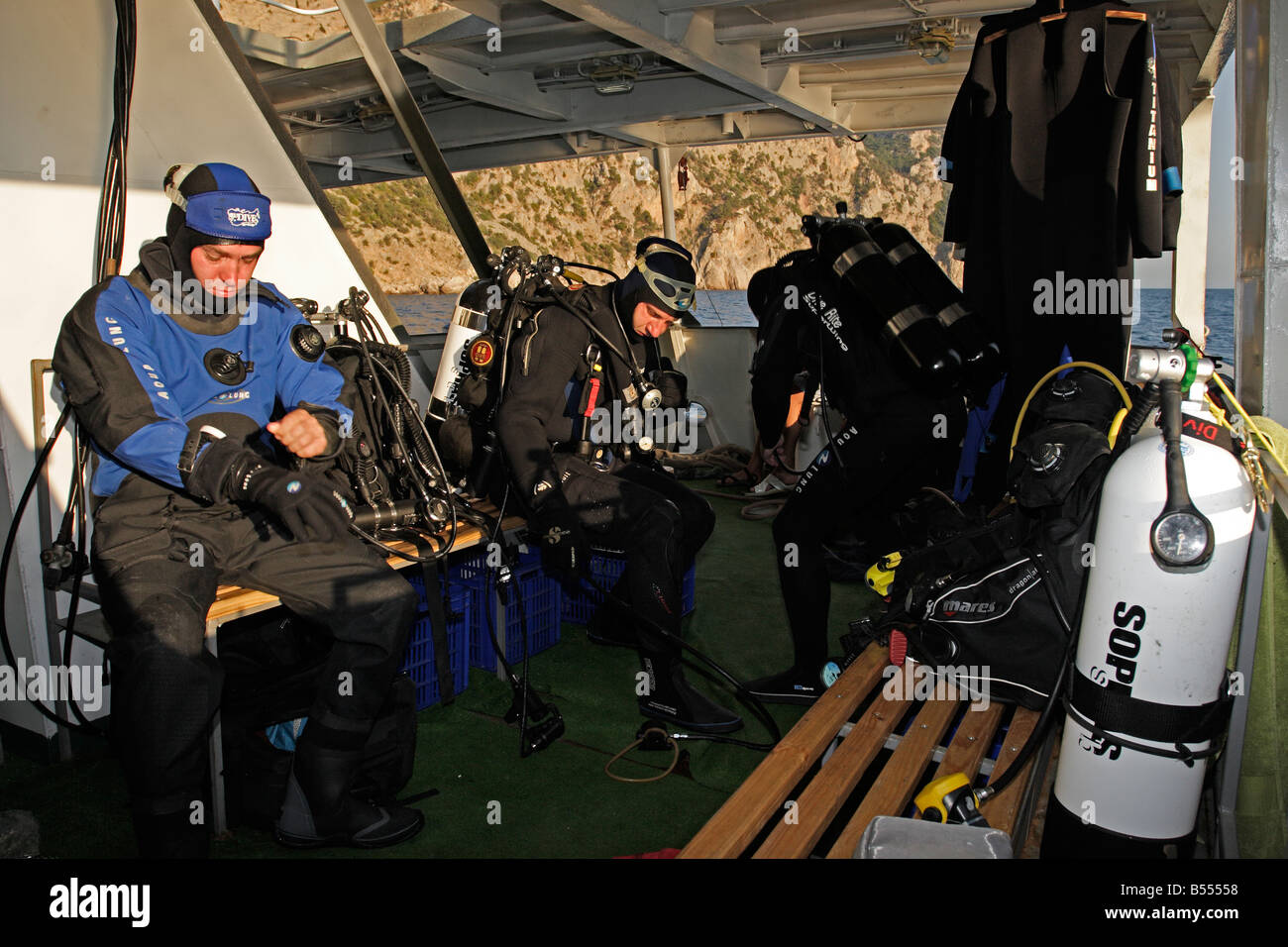 russian scuba diver on a diving boat, Peninsula Crimea, Ukraine, Black ...