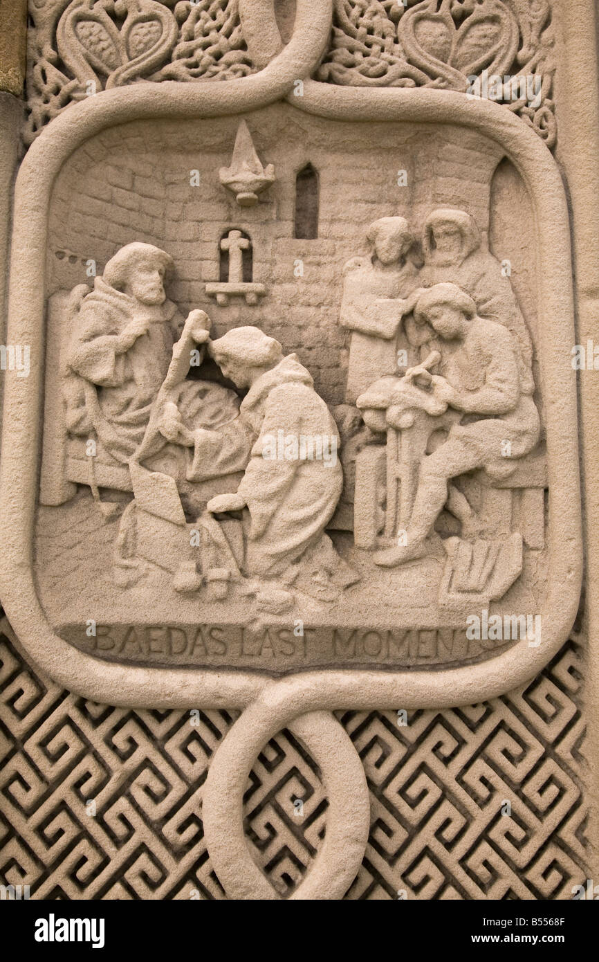 A stone carving shows Bede, one of the key figures from Northumbria's ...