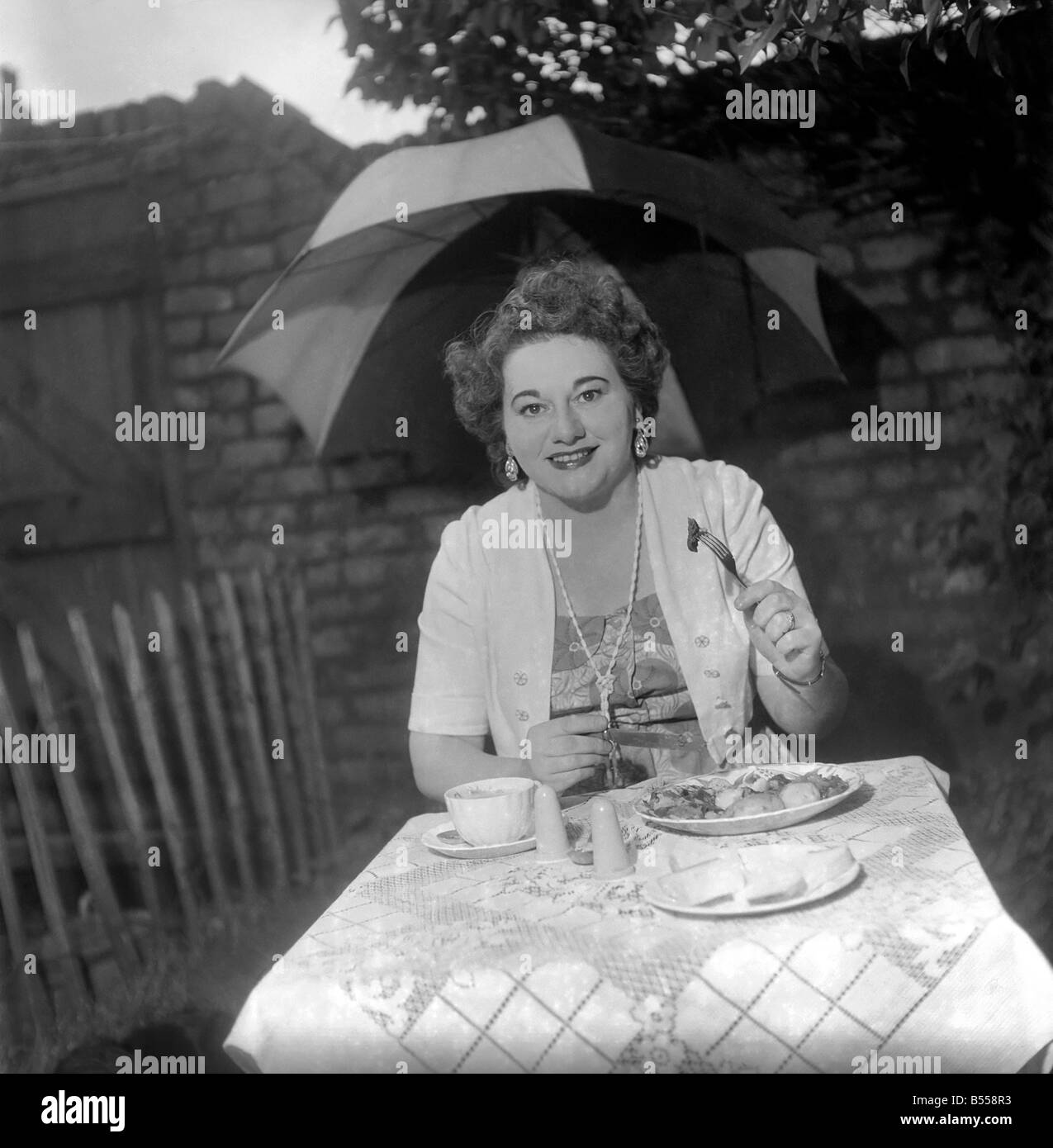 Woman having picnic in the rain. July 1953 D3603 Stock Photo - Alamy
