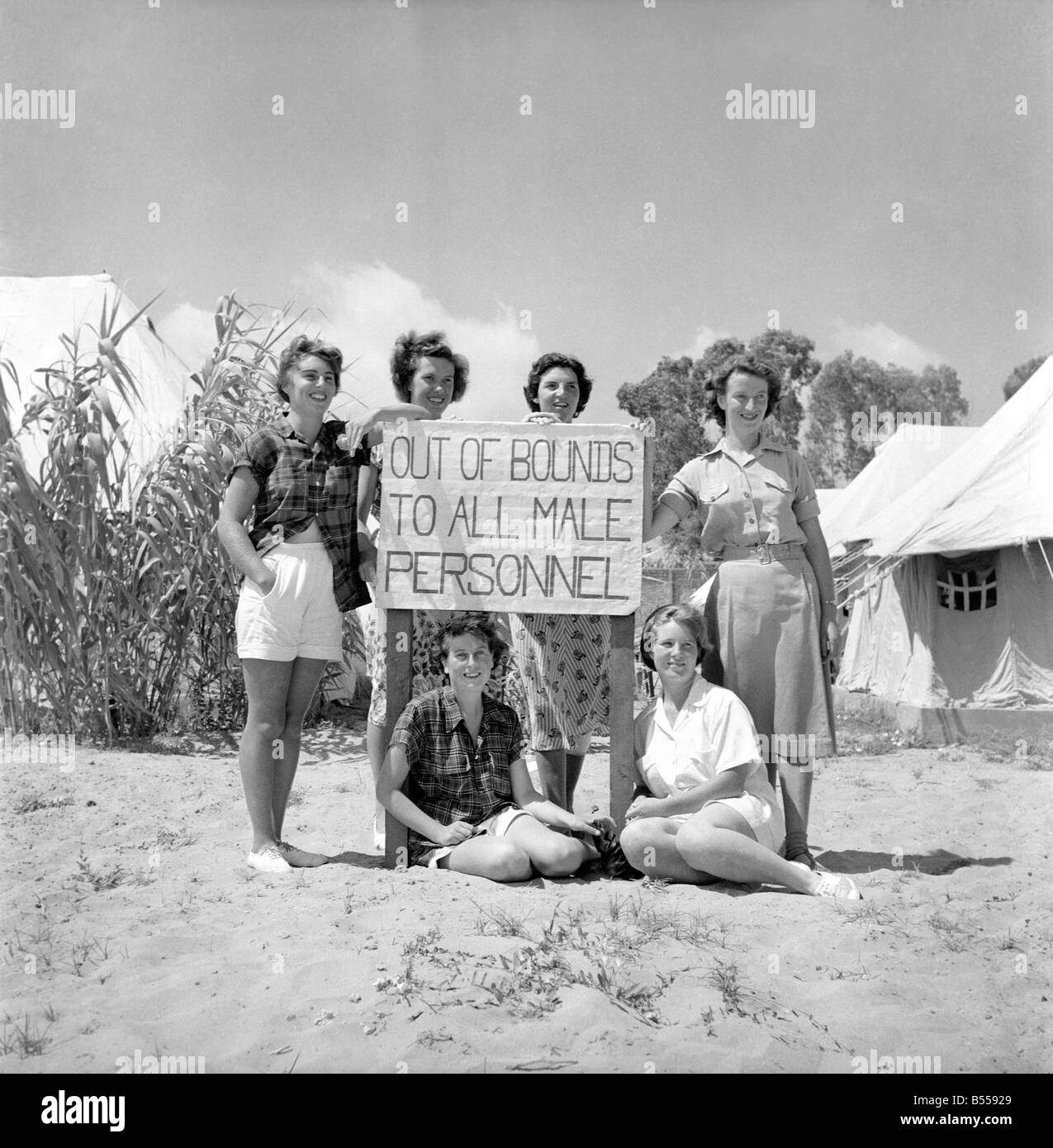 Cyprus: Army Leave Camp. Women service personnel seen here by a sign ...