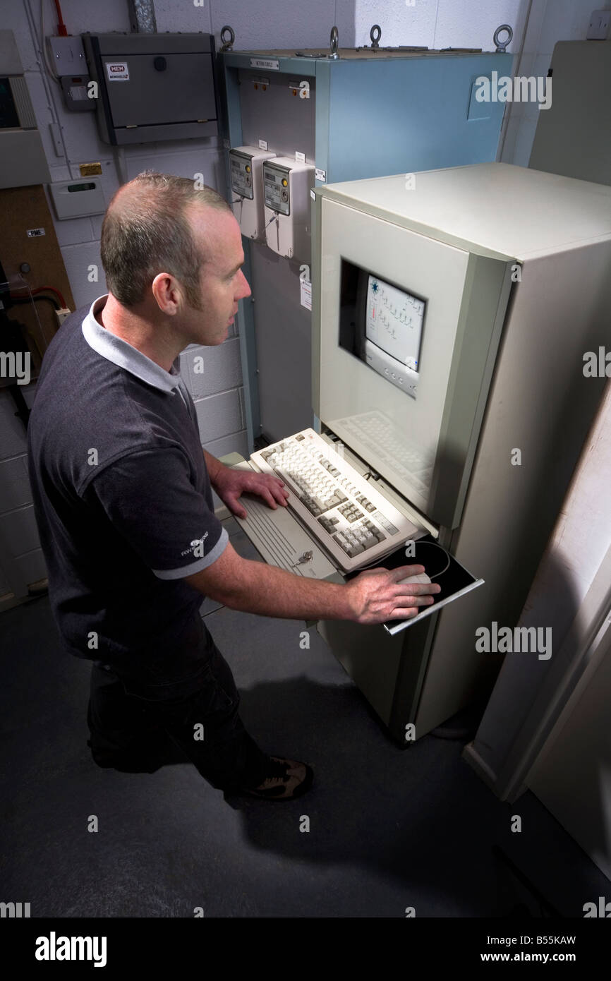 Interior of computerised control room of windfarm substation with ...
