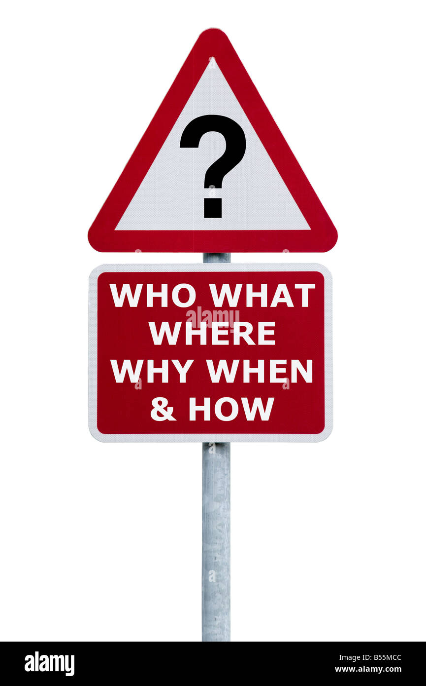 Signpost with the six most commonly asked questions against a blue ...