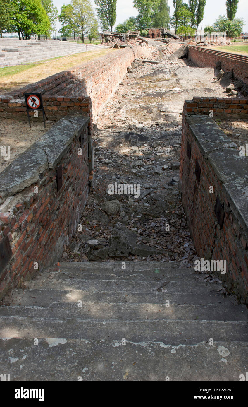 Entrance to changing rooms and gas chamber in crematorium ruins in ...