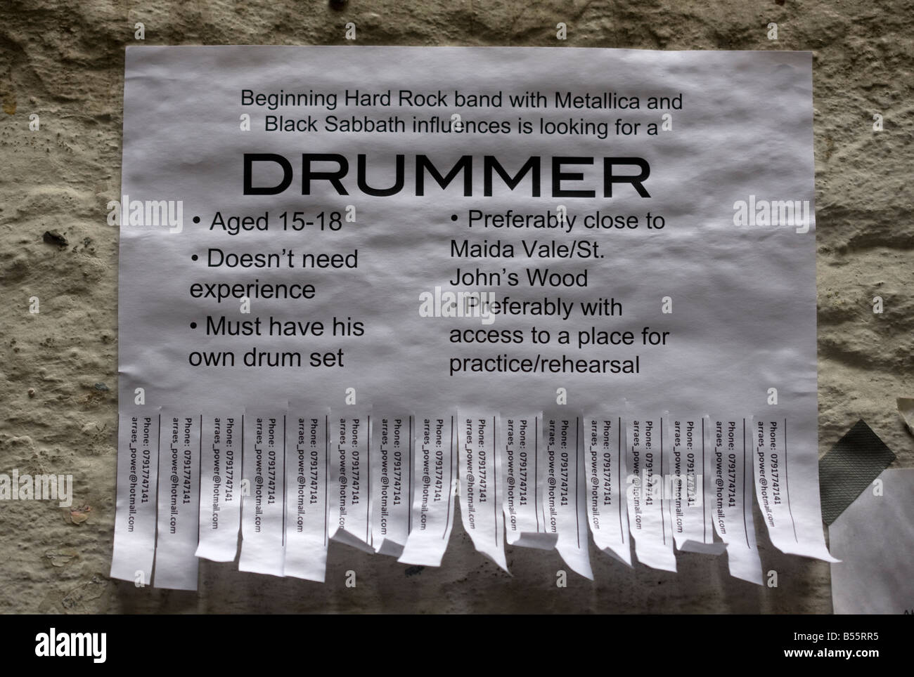 Advert for Drummer Tin Pan Alley Denmark Street London Stock Photo - Alamy