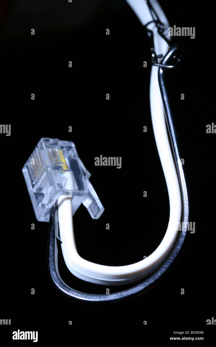 Allegory of Internet dependent: Internet cable for modem and fish hook ...