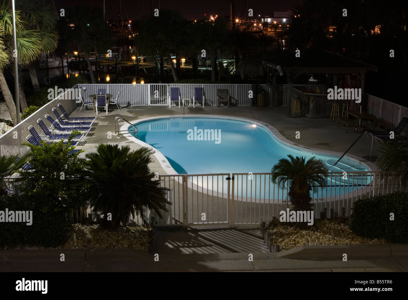 Motel swimming pool at night with surene surroundings and tropical palm ...