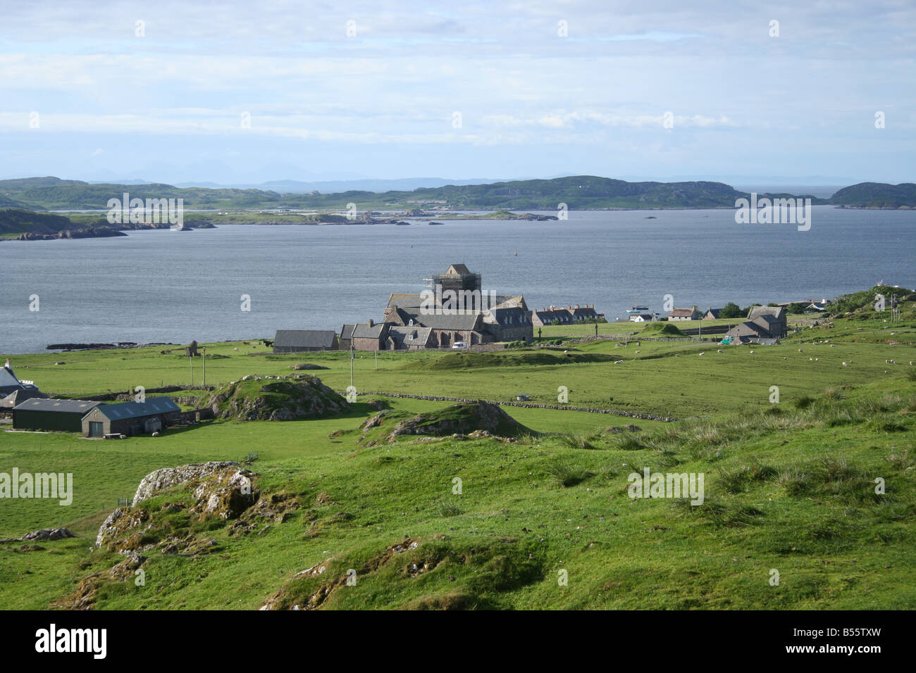 aerial view of Iona Abbey island of Iona Scotland Stock Photo - Alamy