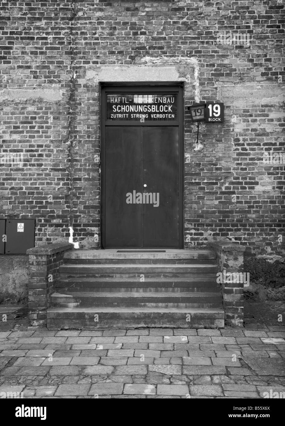 Entrance to the infirmary block 19 in former concentration camp ...