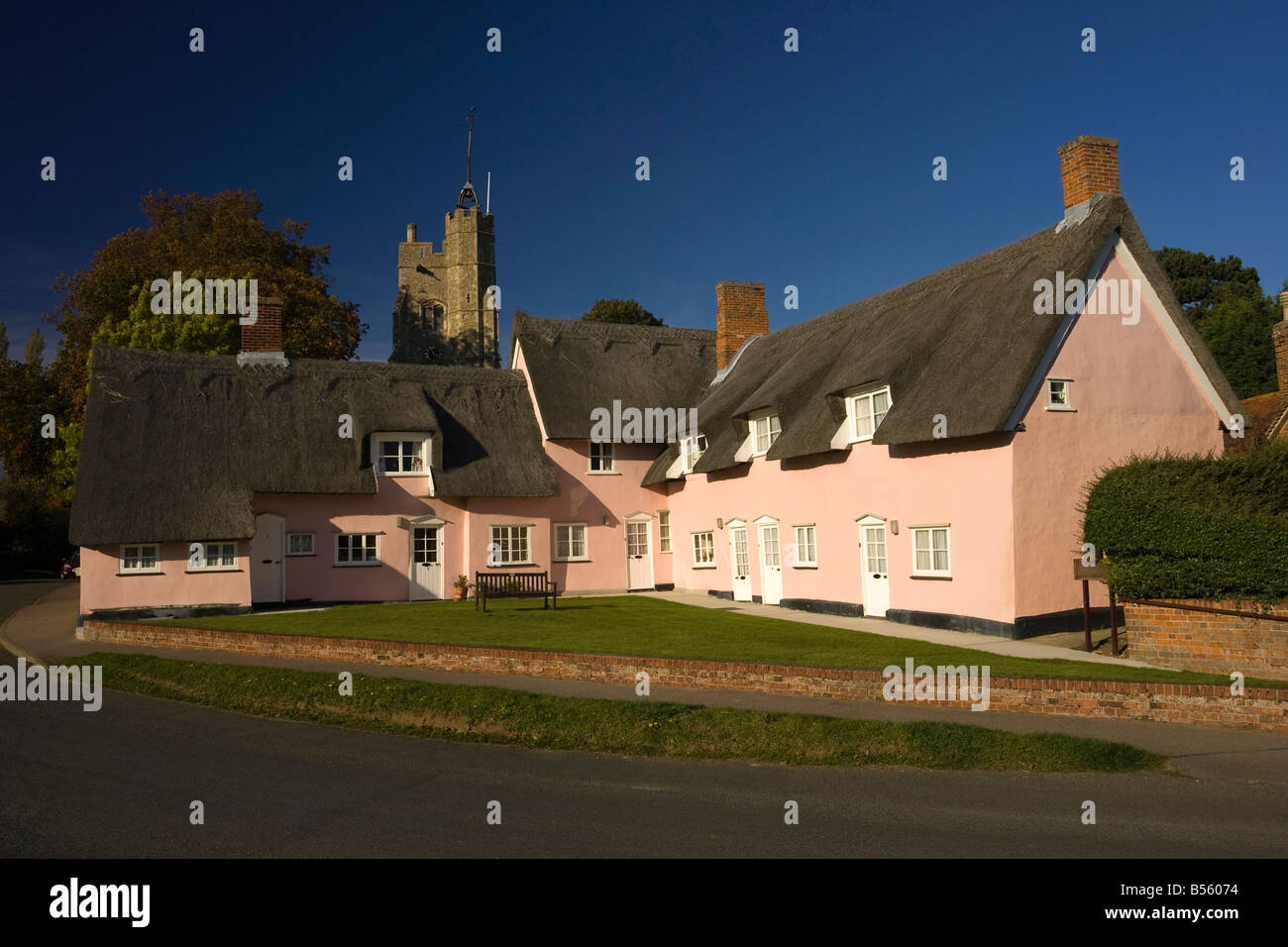 Cavendish village green, Suffolk, UK showing the famous view of pink ...