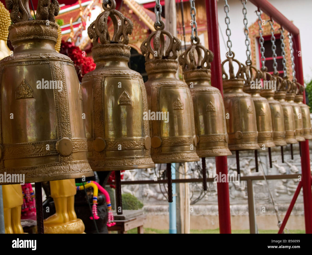 rows of bells at the UNESCO temple site in Ayutthaya Thailand Stock ...