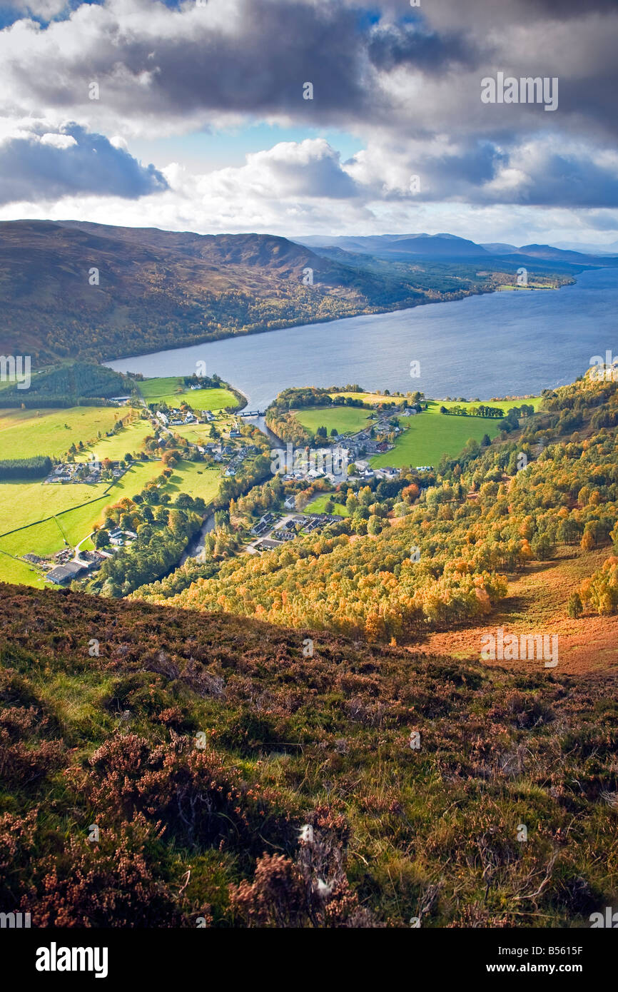 The village of Kinloch Rannoch and Loch Rannoch in the autumn viewed ...