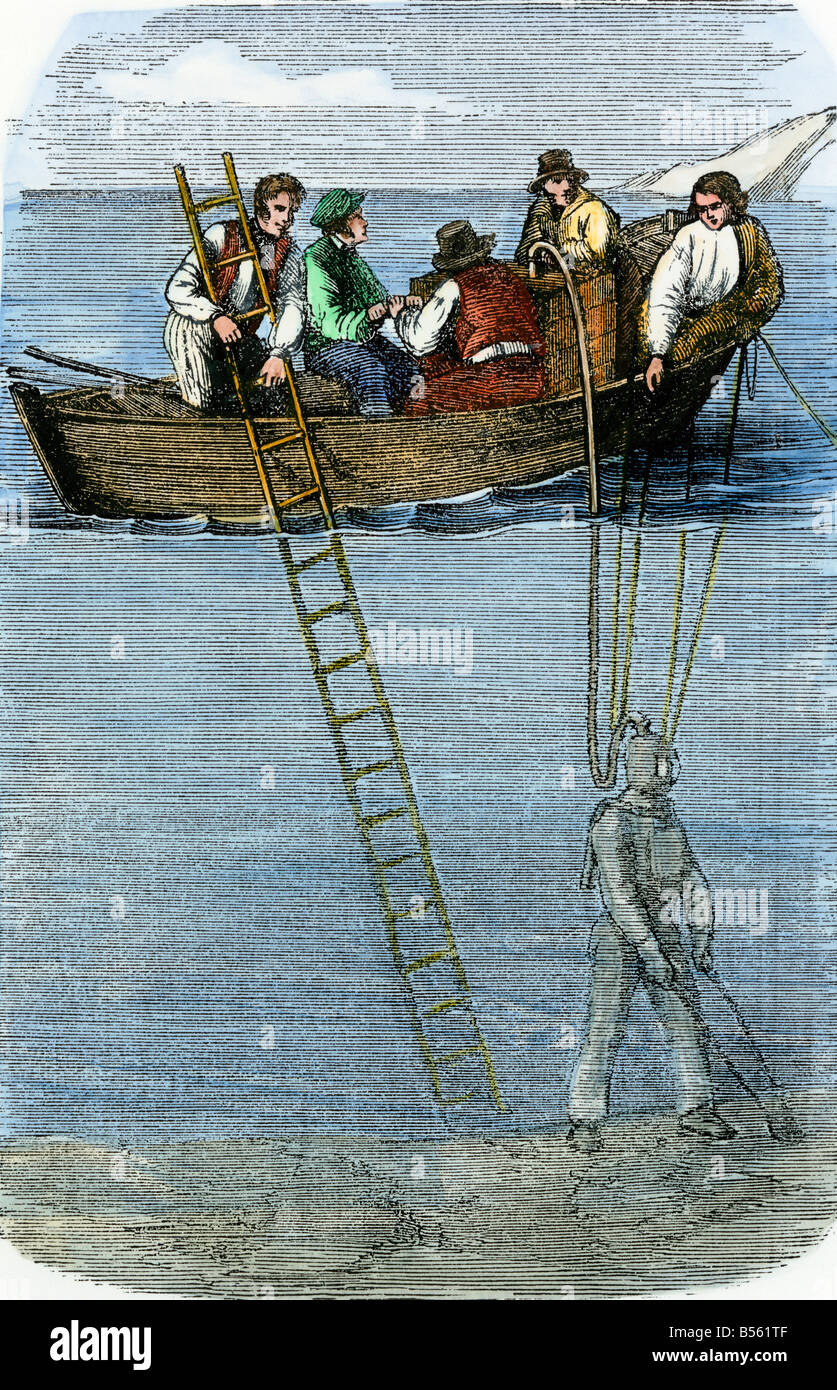 Underwater diver gathering amber in the Baltic Sea 1850s. Hand-colored ...