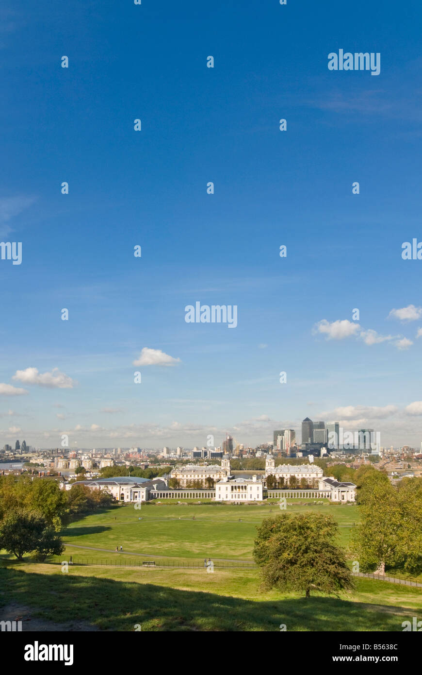 Vertical wide angle of Greenwich Park with the skyline of London in ...