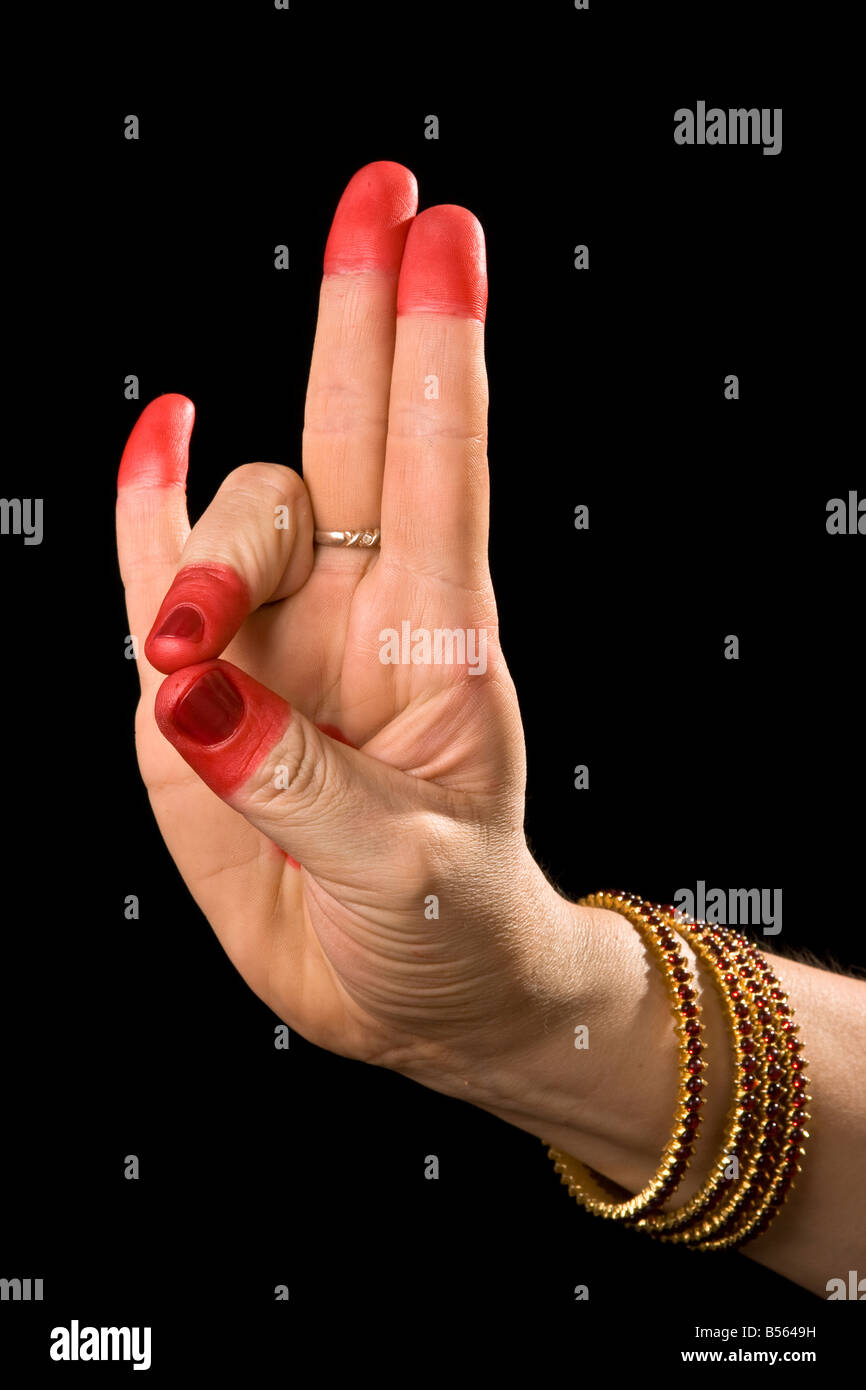 Woman hand showing Mayura hasta meaning peacock of indian classic dance ...