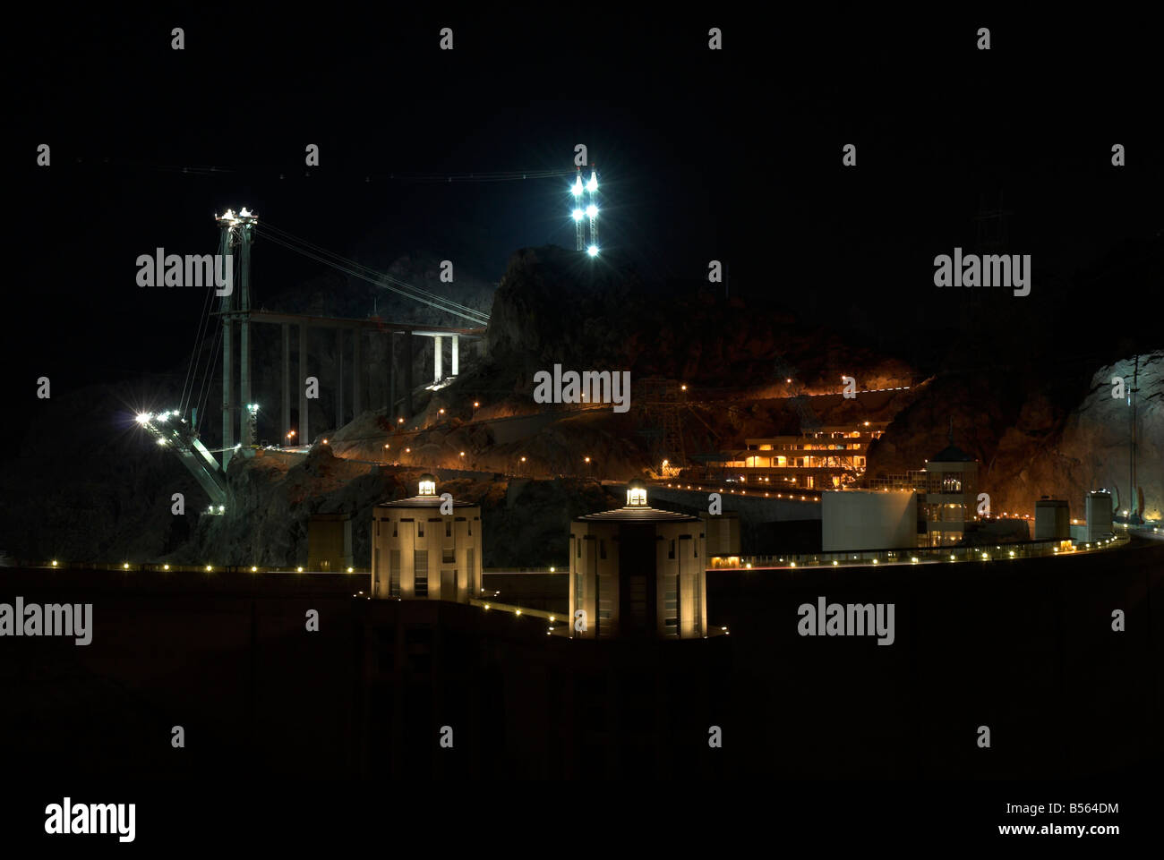 A nighttime shot of Hoover Dam at the Arizona/Nevada border. The ...