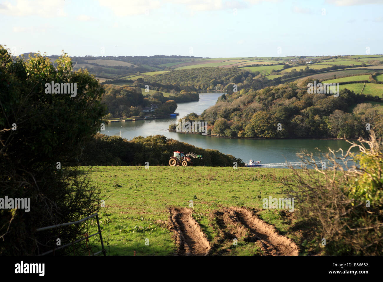 Fields wood Cowlands Creek River Fal Cornwall from fields above ...