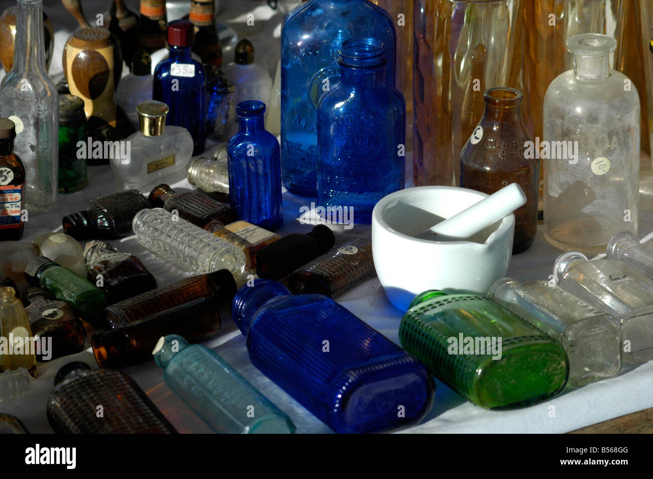 Glass bottles for sale at Quartzside Flea Market Stock Photo - Alamy