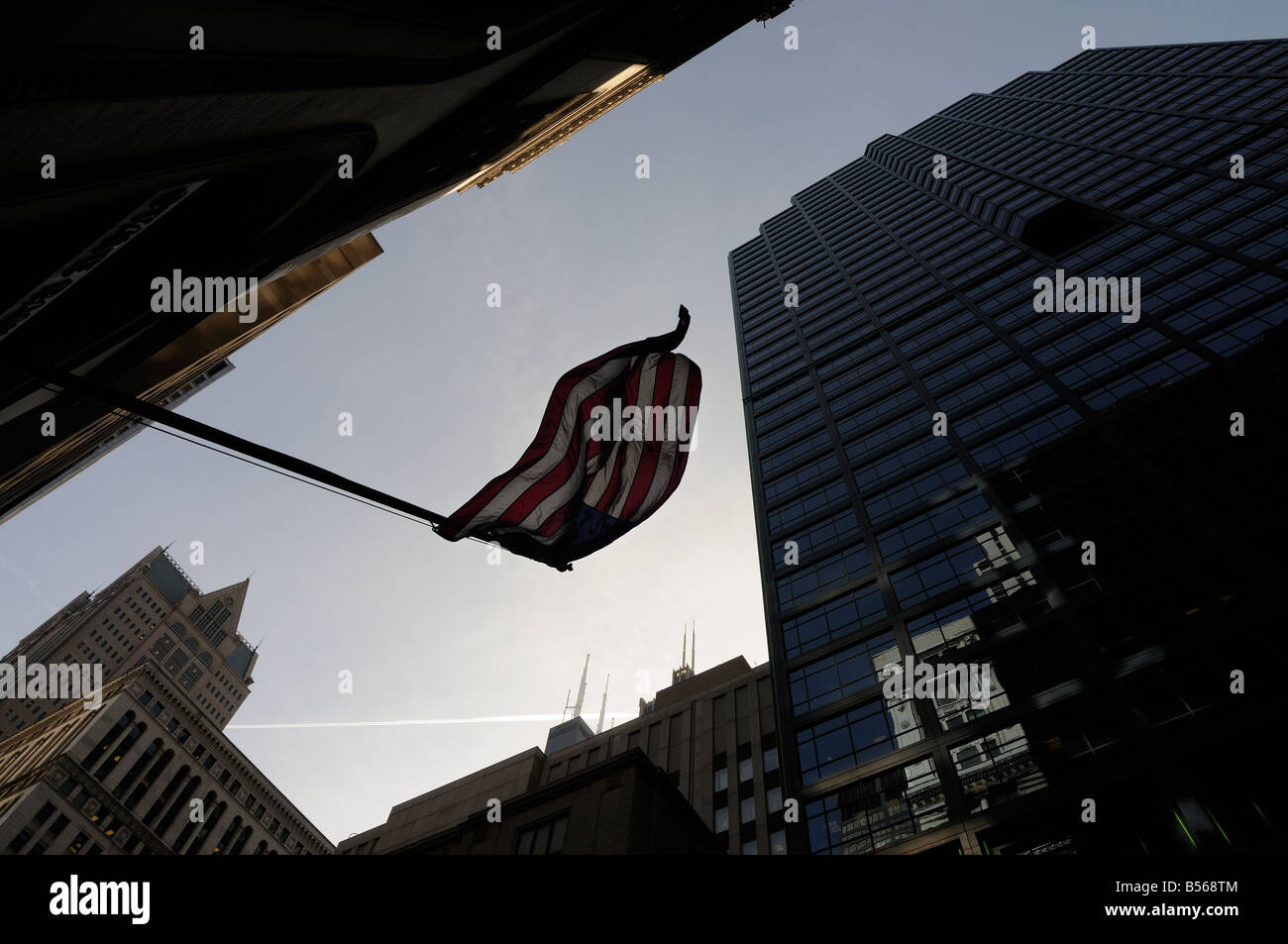 American Flag, neo-gothic roofing of 190 South LaSalle building (left ...