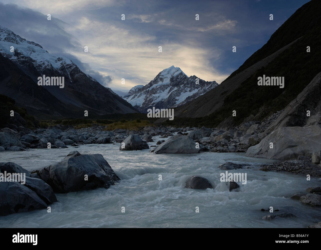 Hooker river running infront of Mt Cook at dusk Mt Cook Aoraki Mt Cook ...