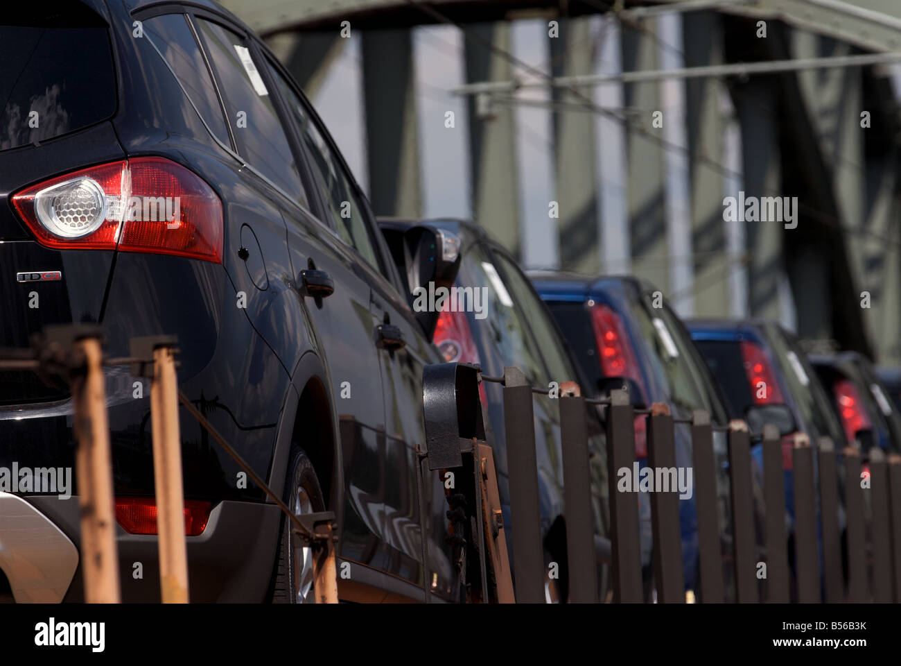 New cars being transported by rail from the Ford factory in Cologne ...