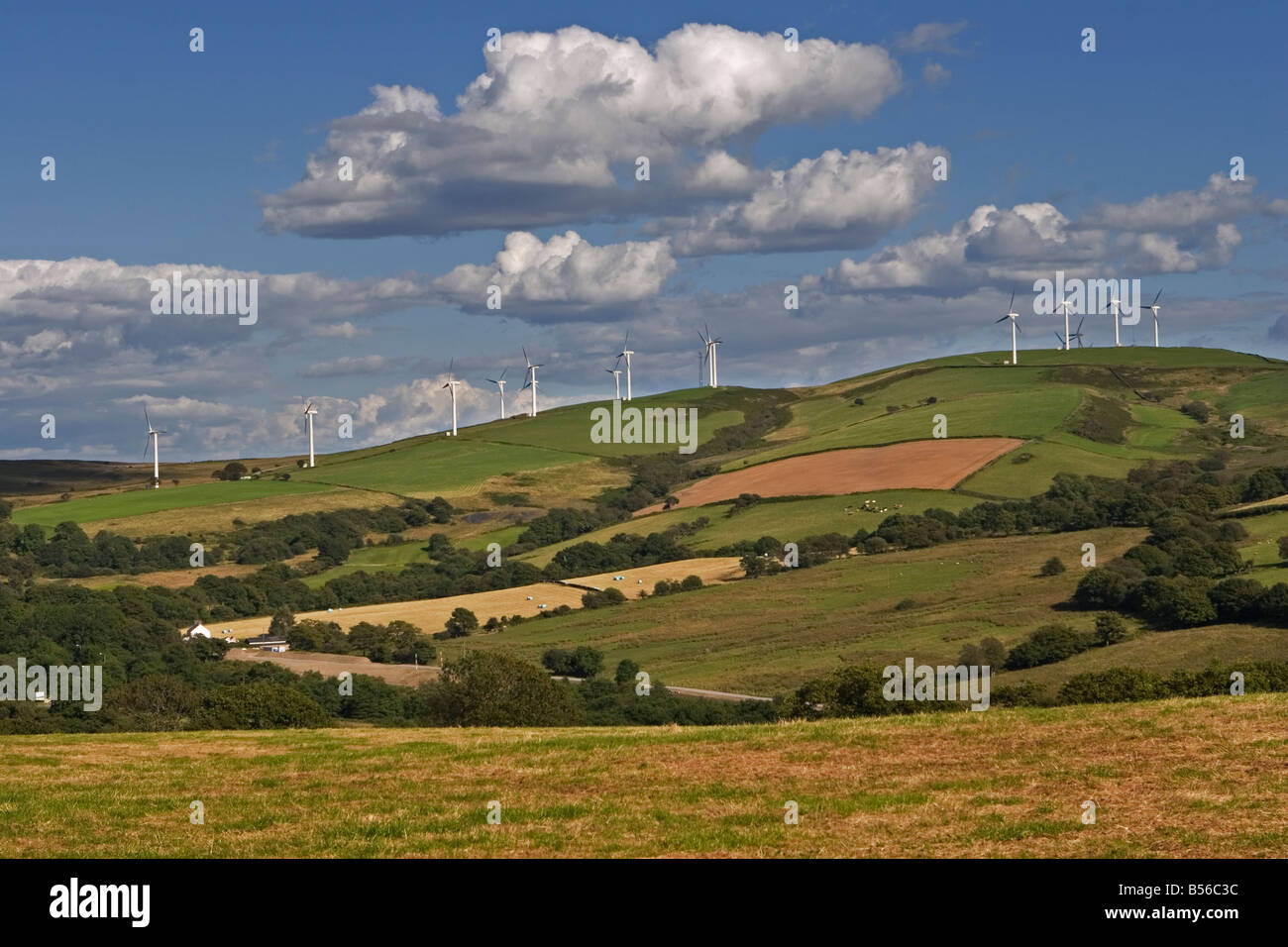 Taff Ely Wind Farm on hillside near Tonyrefail, producing electricity ...