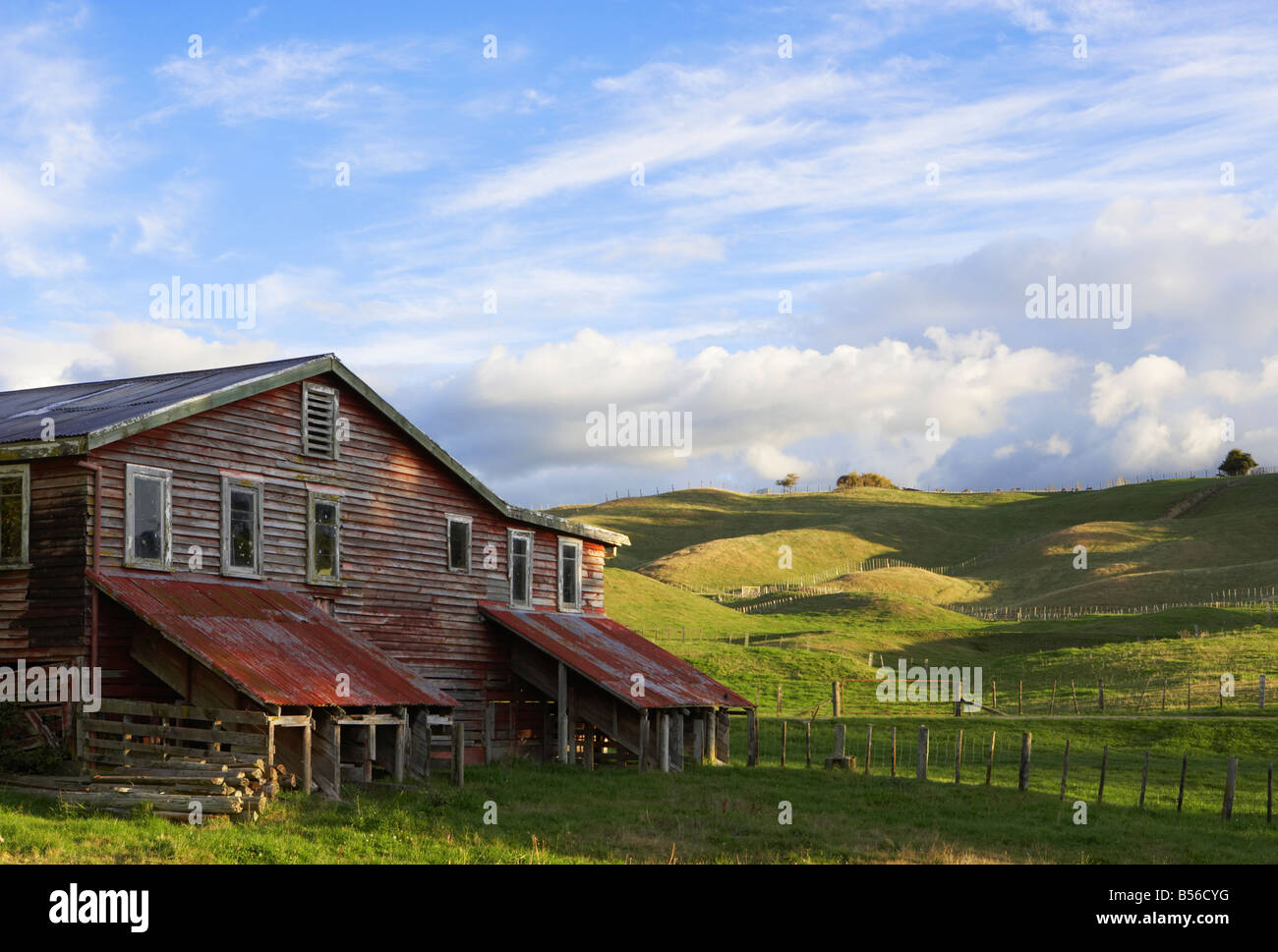 Red farming barn in front of sunlit rolling hills Rotorua Central ...