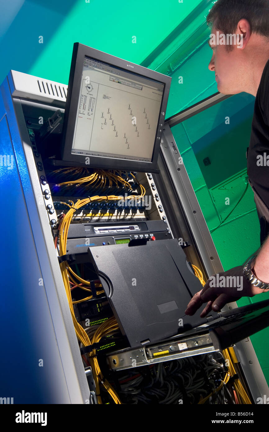 Computerised wind farm control room interior with controller showing ...