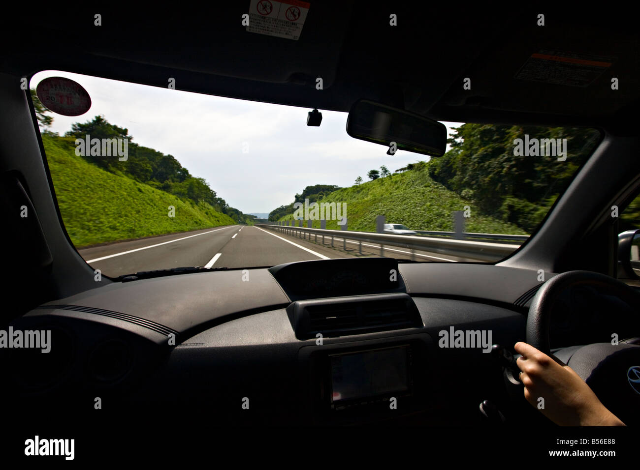 View of a highway from inside a car, Hokkaido, Japan, Asia Stock Photo ...