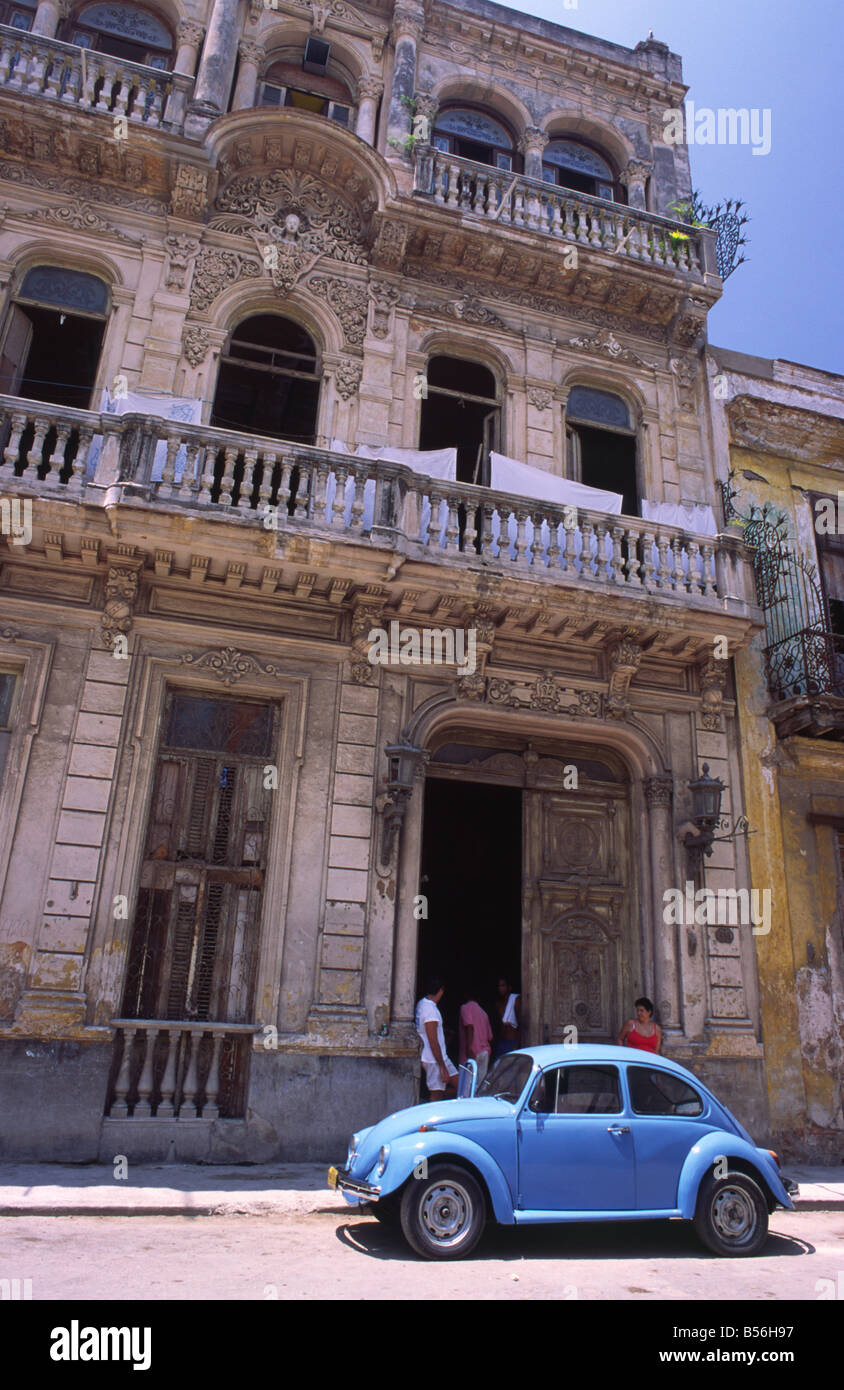 A vintage VW beetle car outside a colonial building in Old Havana Cuba ...