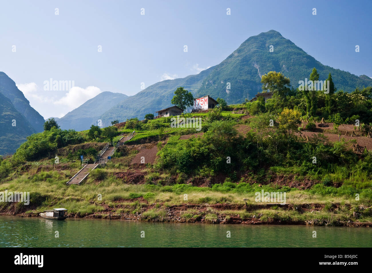 Depth sign 175m metre final high water level marker Daning River in ...